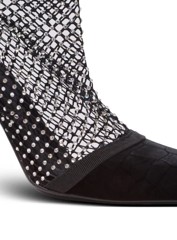 Balmain Mesh Heeled Ankle Boots With Velvet And Rhinestones