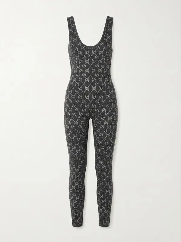 Gucci Gg Crystal Embellished Embroidered Jumpsuit - Grey