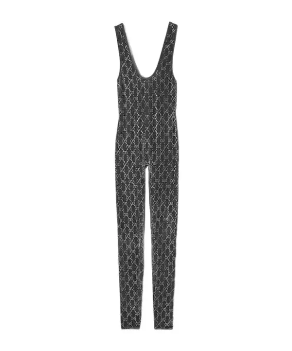 Gucci Gg Crystal Embellished Embroidered Jumpsuit - Grey