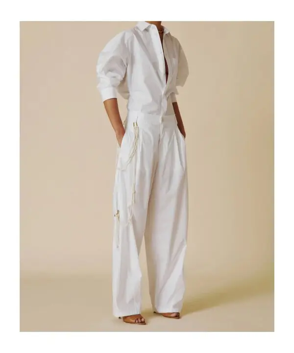 DARKPARK Phebe Relaxed Wide Leg Pants With Beaded Chain Detail - White