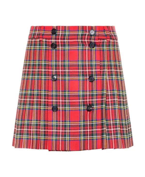Miu Miu Plaid Pleated Mini Skirt With Buckle Detail
