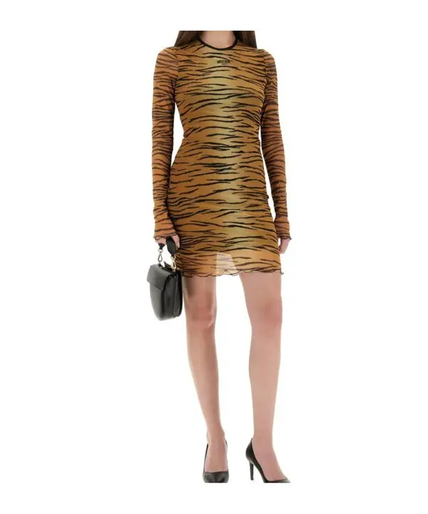 Moschino Tiger Print Long Sleeve Crewneck Dress - Brown | Editorialist
