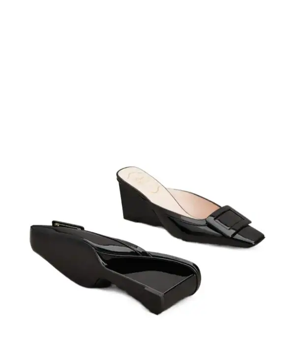 ROGER VIVIER Belle Vivier Patent Leather Wedge Mules With Painted Buckle - Black
