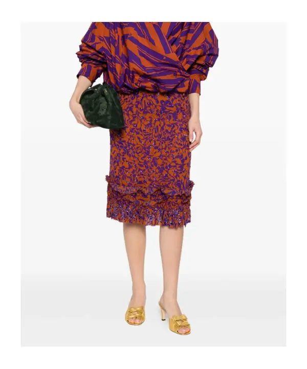 Dries Van Noten Printed Midi Skirt With Ruffled Trim And Sequins - Red
