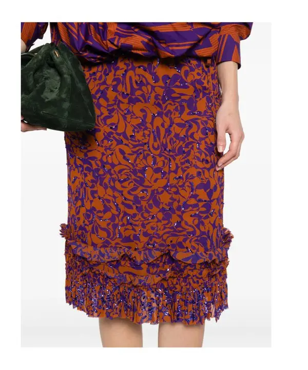 Dries Van Noten Printed Midi Skirt With Ruffled Trim And Sequins - Red