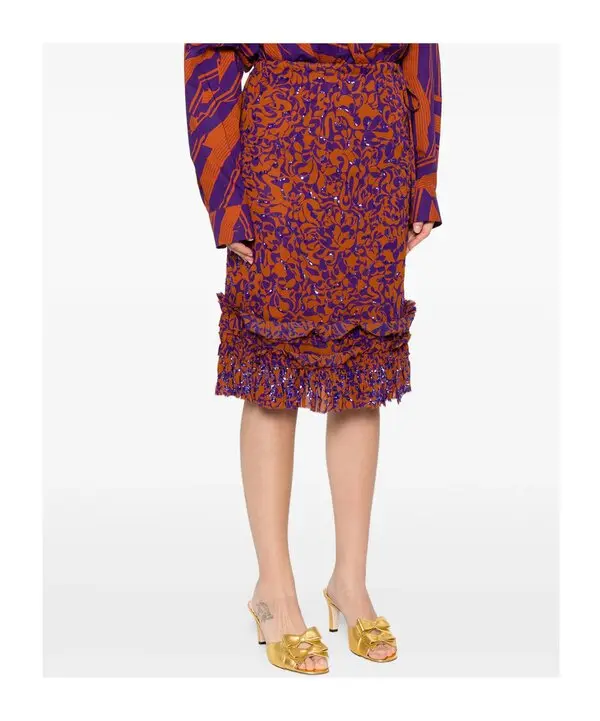 Dries Van Noten Printed Midi Skirt With Ruffled Trim And Sequins - Red