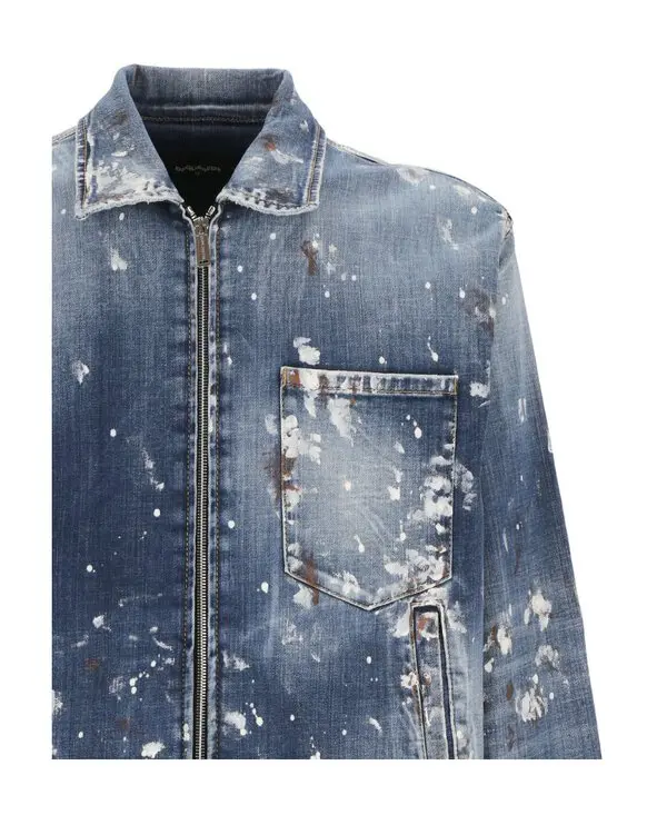 Dsquared2 Washed Denim Jacket With Red Spots And Zipper Closure