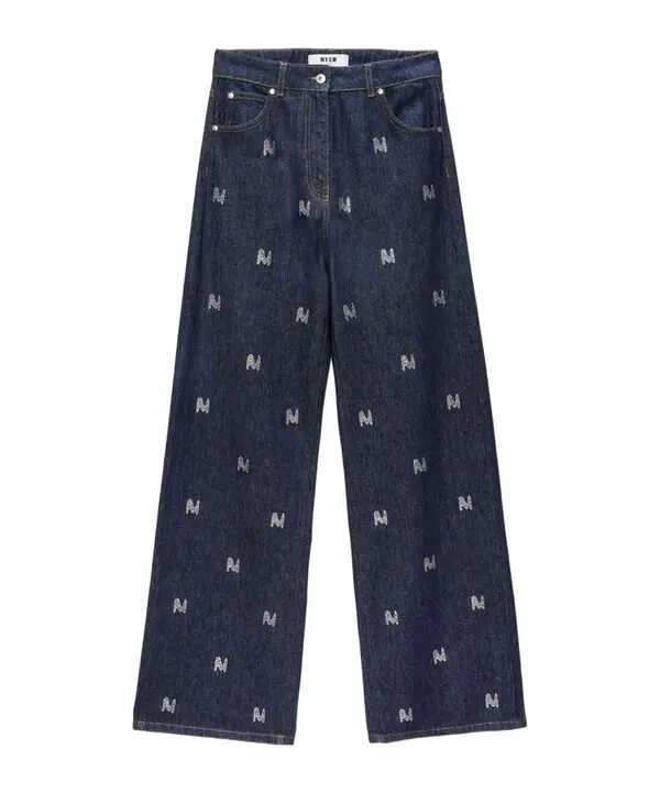 MSGM Rhinestone Logo Wide-leg Jeans
