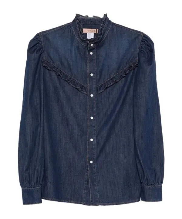 TWINSET Ruffle Detailed Button-up Denim Shirt - Black