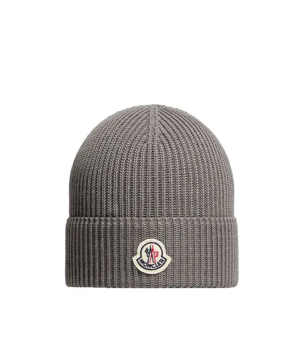 Moncler Logo Patch Ribbed Beanie - Grey