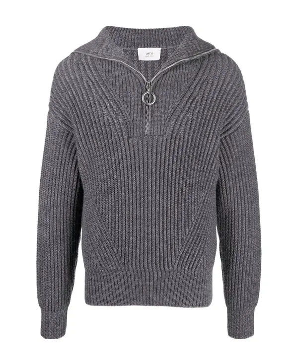AMI Paris Half-zip Ribbed-knit Sweatshirt