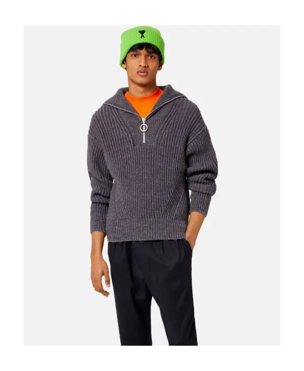 AMI Paris Half-zip Ribbed-knit Sweatshirt