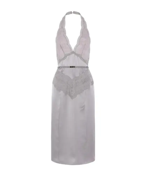 Gucci Lace Detailed Satin Halterneck Dress - Grey