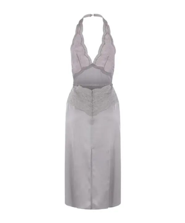 Gucci Lace Detailed Satin Halterneck Dress - Grey