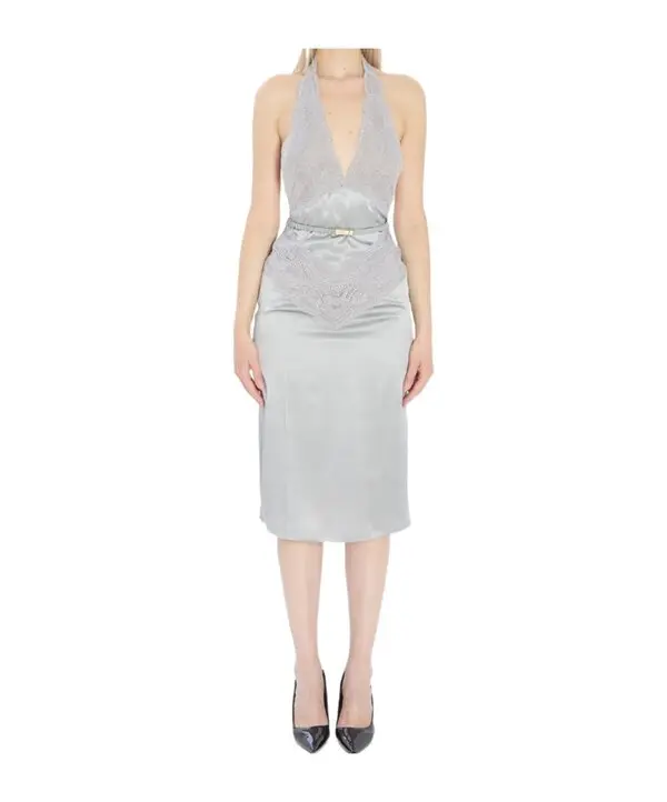 Gucci Lace Detailed Satin Halterneck Dress - Grey