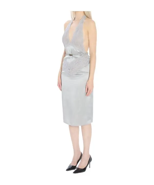 Gucci Lace Detailed Satin Halterneck Dress - Grey