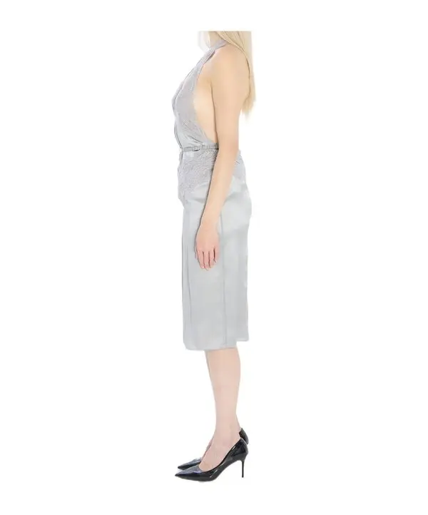 Gucci Lace Detailed Satin Halterneck Dress - Grey
