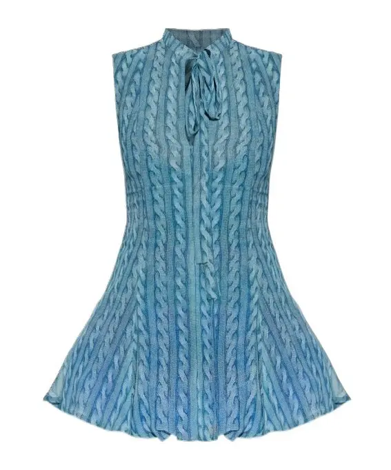 AVAVAV Cable Print Mini Dress With Stand-up Collar And Ribbon Ties