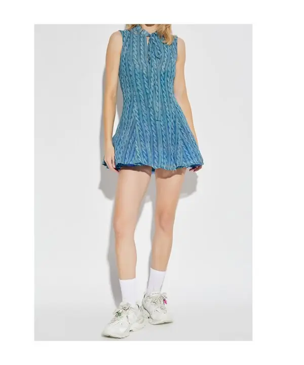 AVAVAV Cable Print Mini Dress With Stand-up Collar And Ribbon Ties