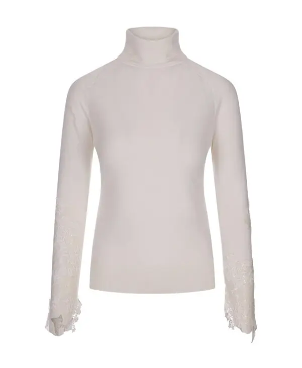 Ermanno Scervino Virgin Wool Jumper With Floral Lace Detail - White