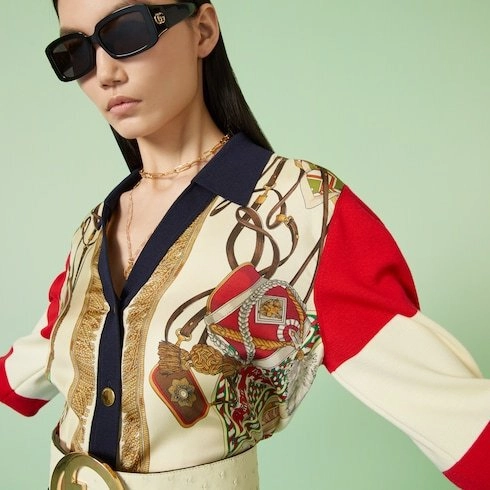 Gucci Extra Fine Knit Cardigan With Striped And Printed Details - Nude