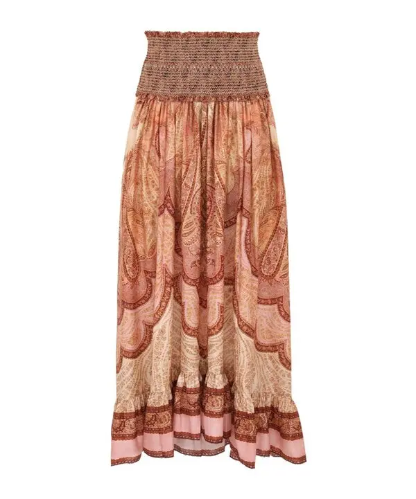 Zimmermann Smocked High-low Skirt - Tapestry Burgundy Multi