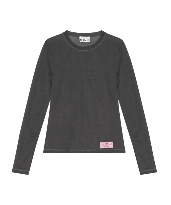 GANNI Sheer Mesh Long Sleeve Top - Phantom Black