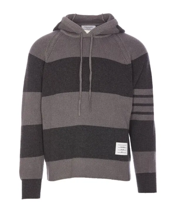 Thom Browne 4-bar Striped Knitted Drawstring Hoodie - Black