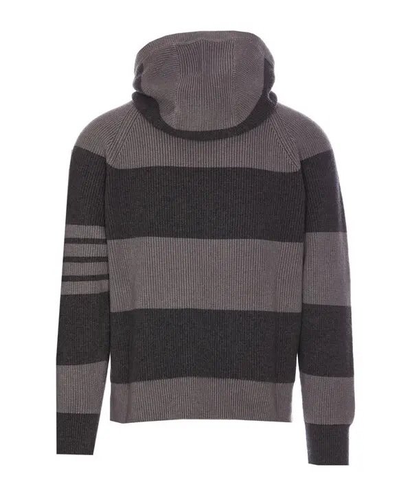 Thom Browne 4-bar Striped Knitted Drawstring Hoodie - Black