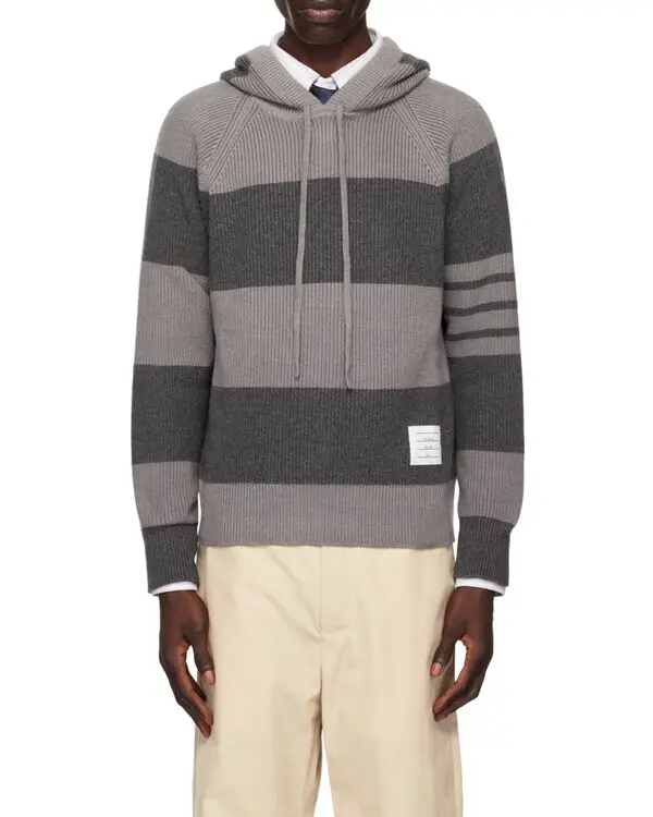 Thom Browne 4-bar Striped Knitted Drawstring Hoodie - Black