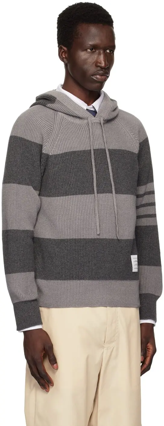 Thom Browne 4-bar Striped Knitted Drawstring Hoodie - Black