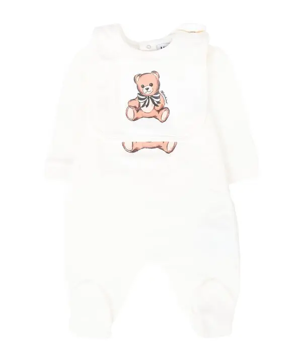 Moschino Long-sleeve Romper And Bib Set With Teddy Bear Graphic - Ivory