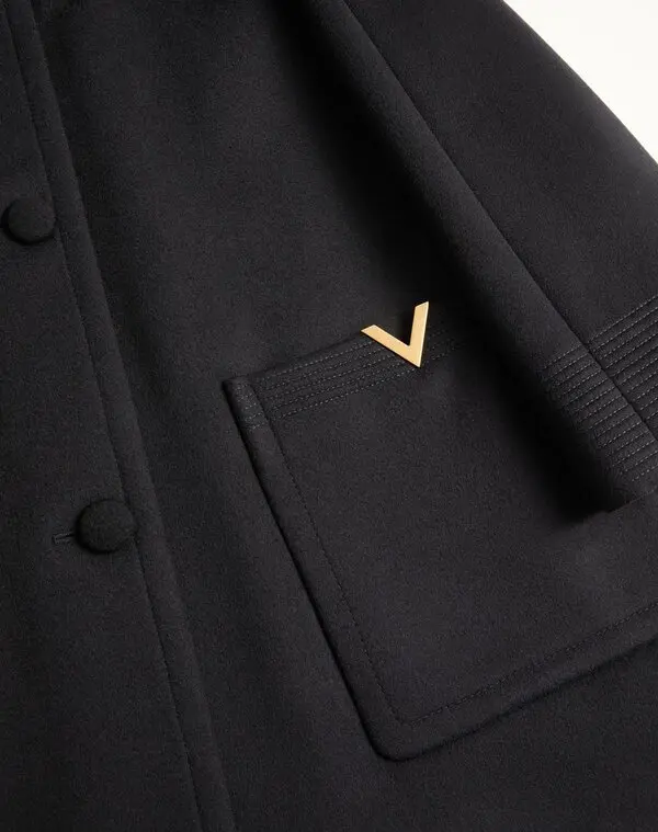 Valentino Garavani Logo Plaque Wool Coat With Fur Collar