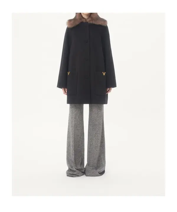Valentino Garavani Logo Plaque Wool Coat With Fur Collar