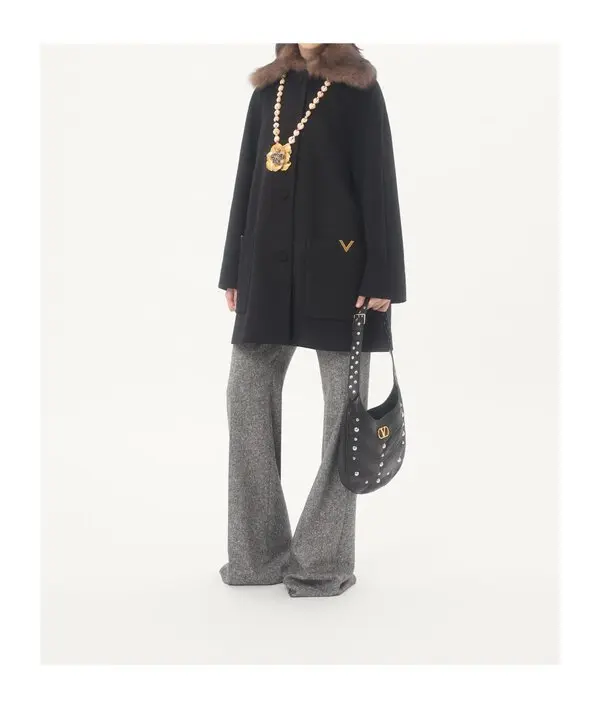 Valentino Garavani Logo Plaque Wool Coat With Fur Collar