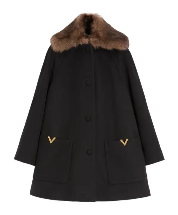 Valentino Garavani Logo Plaque Wool Coat With Fur Collar - Black