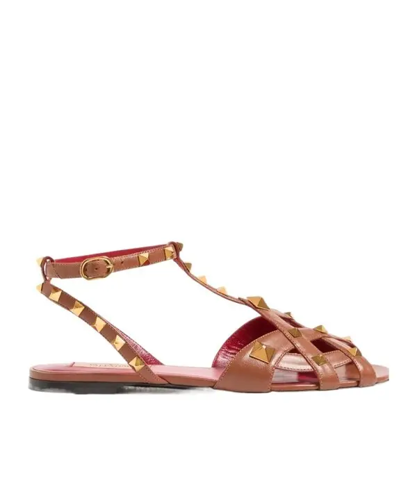 Valentino Garavani Studded Buckled Flat Sandals - Brown