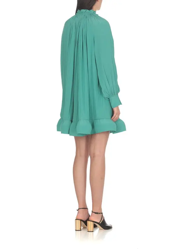 LANVIN Pleated Dress With Ruffled Collar And Hem - Blue