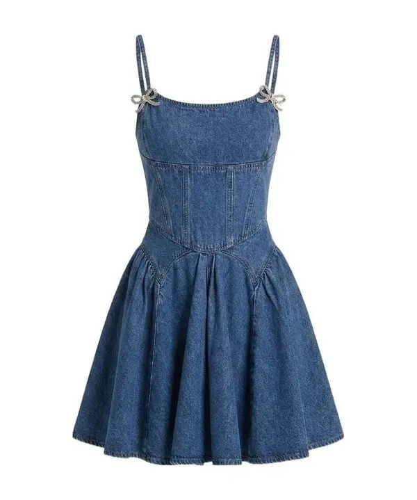 SELF-PORTRAIT Denim Flared Mini Dress With Diamanté Bows