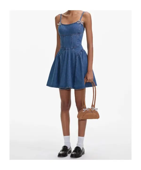 SELF-PORTRAIT Denim Flared Mini Dress With Diamanté Bows