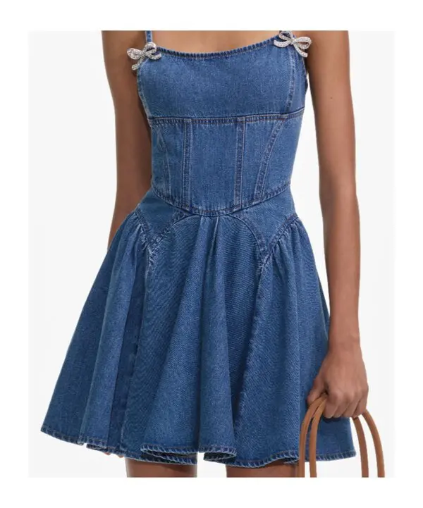 SELF-PORTRAIT Denim Flared Mini Dress With Diamanté Bows