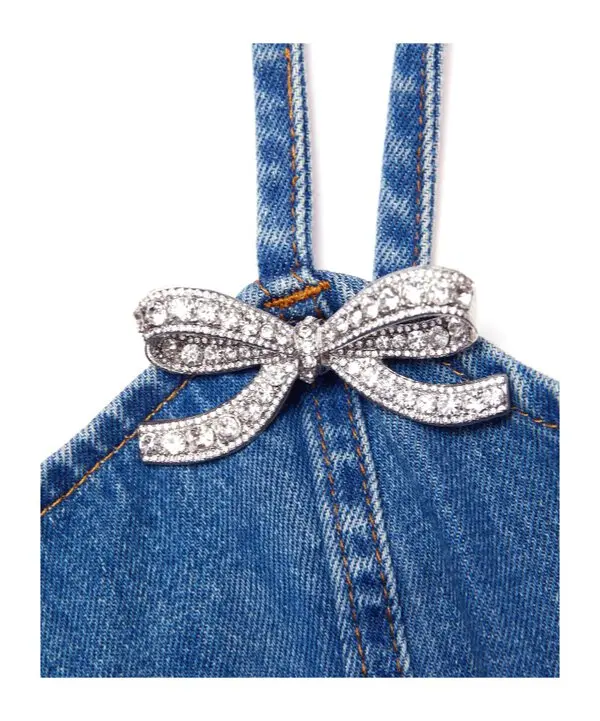 SELF-PORTRAIT Denim Flared Mini Dress With Diamanté Bows
