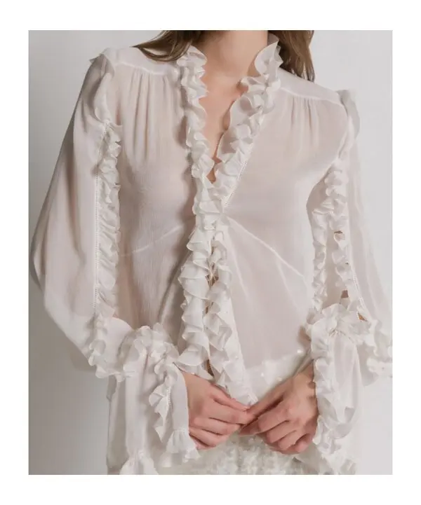 Alberta Ferretti Ruffled Front Tie Sheer Blouse