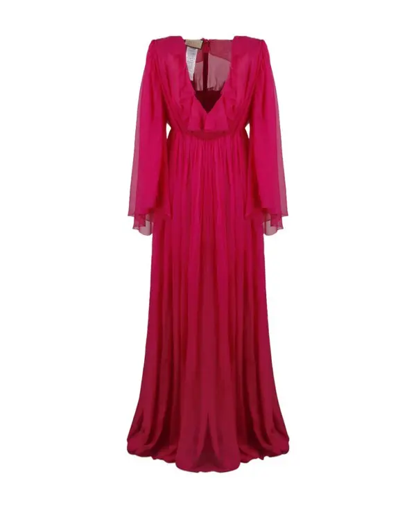 Gucci Chiffon Ruffled Pleated Maxi Dress - Red