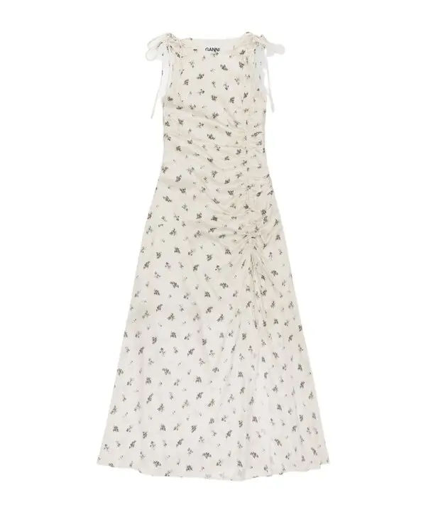 GANNI Satin Gathered Floral Print Maxi Dress - Egret
