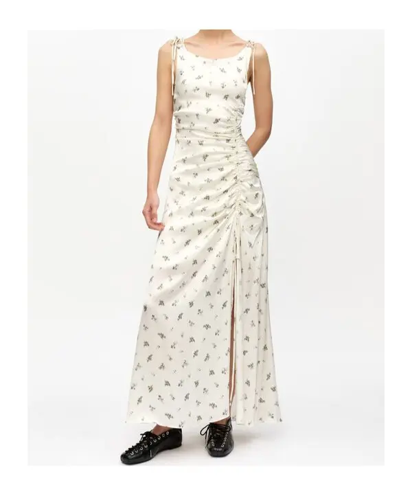 GANNI Satin Gathered Floral Print Maxi Dress - Egret