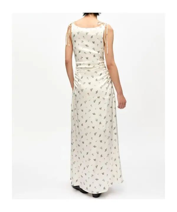 GANNI Satin Gathered Floral Print Maxi Dress - Egret