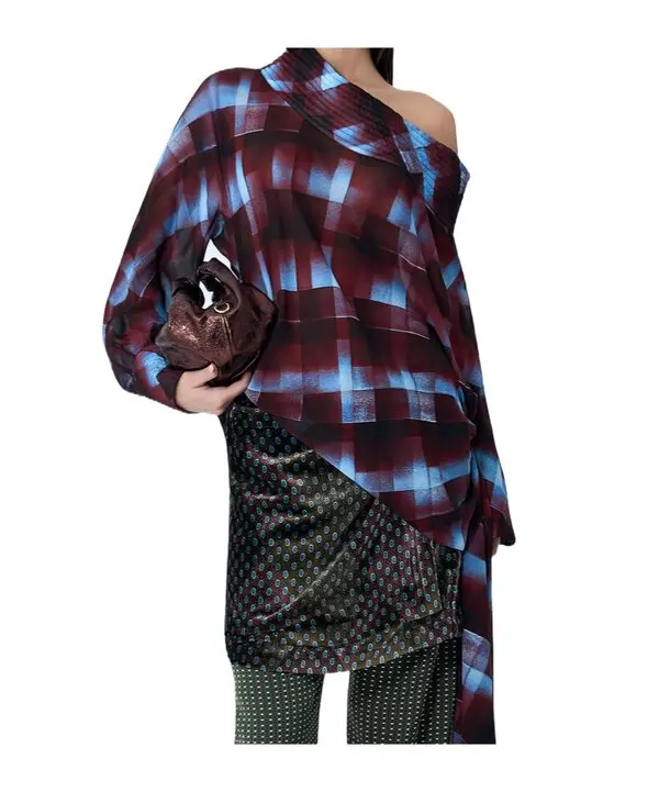 Dries Van Noten Asymmetrical Plaid Long Sleeve Shirt