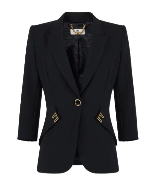 Elisabetta Franchi Single-breasted Jacket With Golden Logo Details - Black