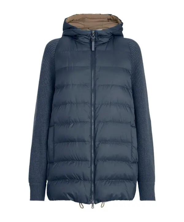 Brunello Cucinelli Hooded Knit-sleeve Jacket - Blue